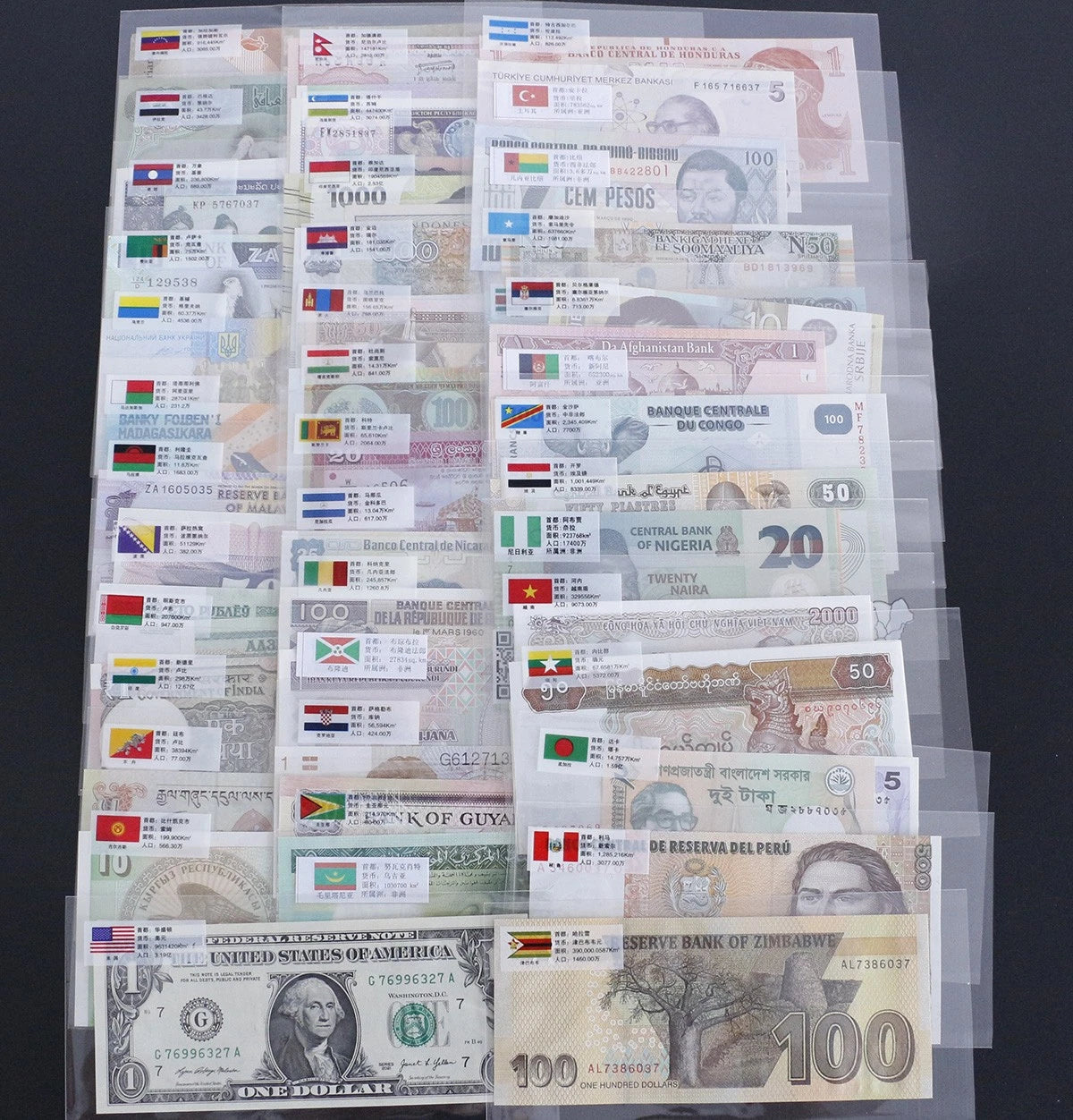 Collection of 100 uncirculated banknotes from 50 countries in labelled ...