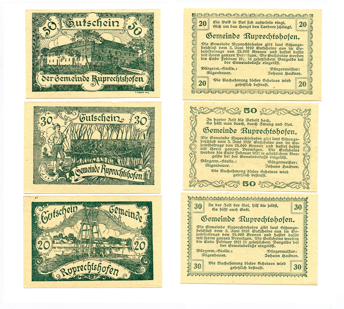 Set of 3 different notgeld paper money, 1920, Ruprechtshofen, Austria ...