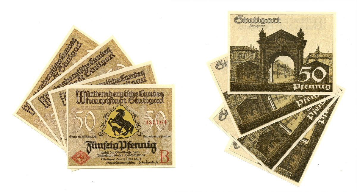 Set of 4 different notgeld paper money, 1921, Stuttgart, Germany ...
