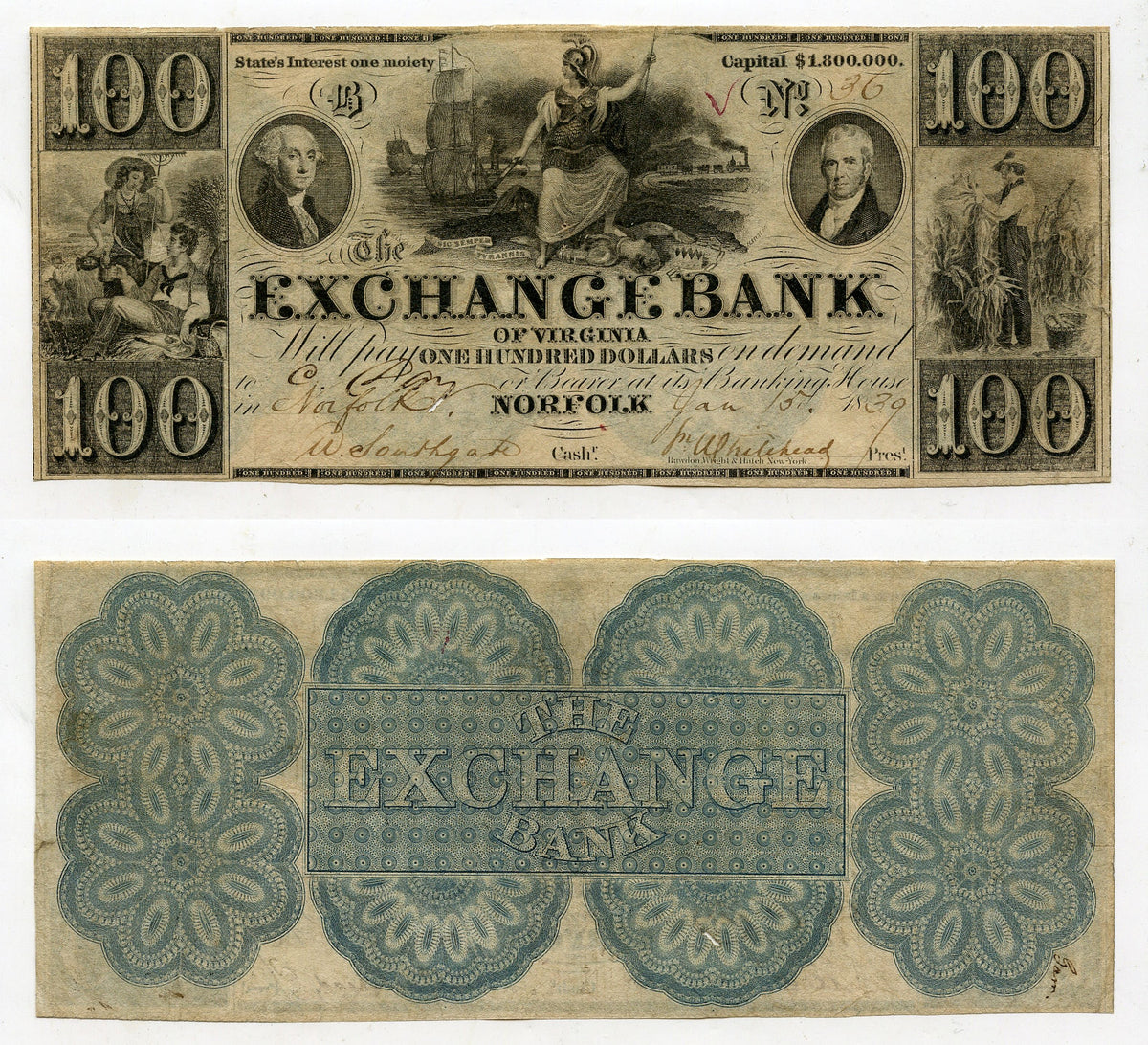 Rare 100$ obsolete note - low serial 36, 1839, the Exchange Bank of Vi ...