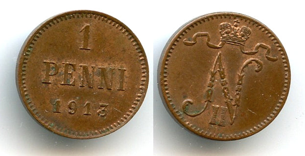 Copper 1 penni, Nicholas II (1894-1917), 1913, Finland under Russian E ...