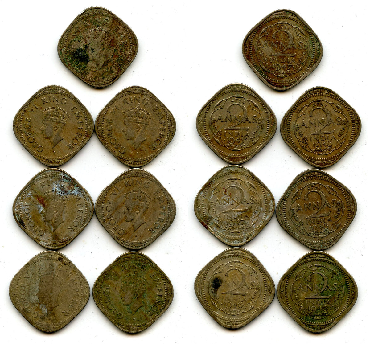 Lot of 7 copper-nickel 2-anna coins of George VI, different dates (193 ...
