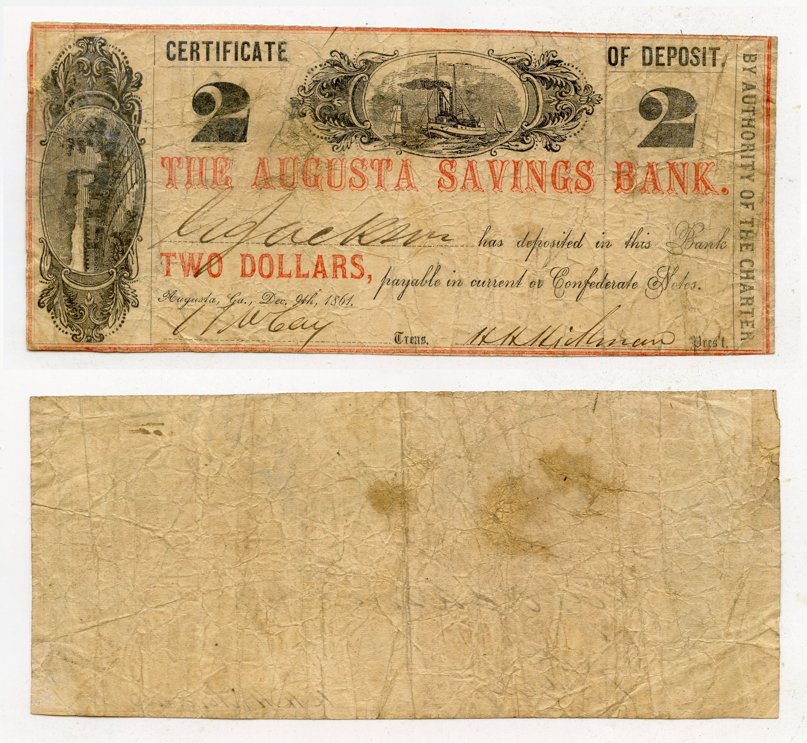 Obsolete banknote - 2 dollars, 1861, Augusta Savings Bank, CSA – NumisMall
