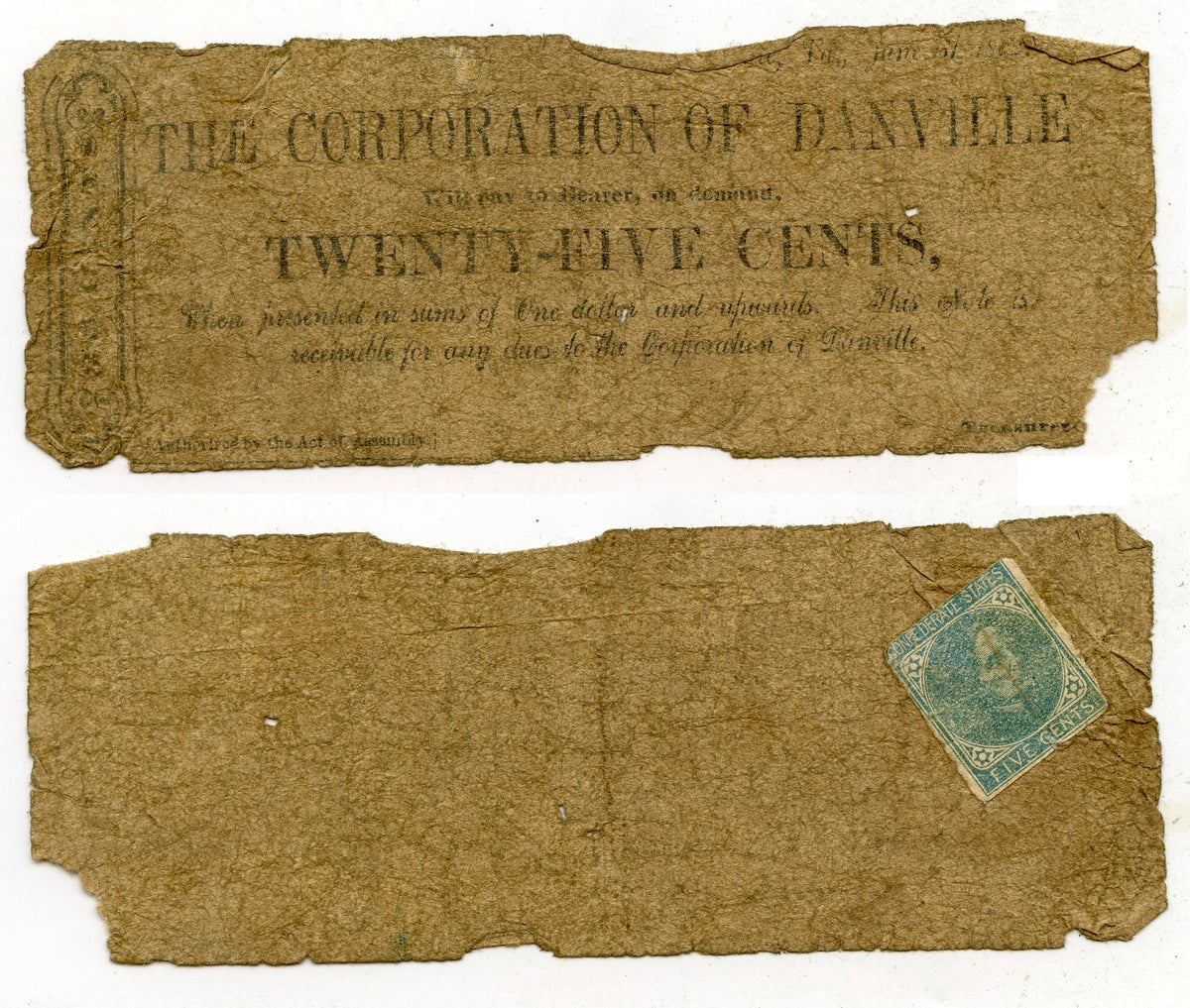 Obsolete banknote - 25-cents w/CSA postage stamp, Daville, 1862, Civil ...