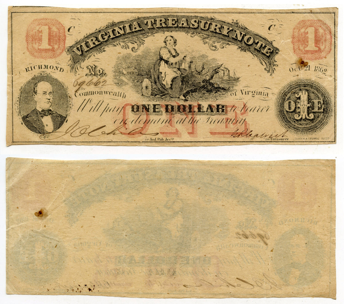Obsolete banknote - 1-dollar, Virginia Treasury Note, 1862, Civil War ...