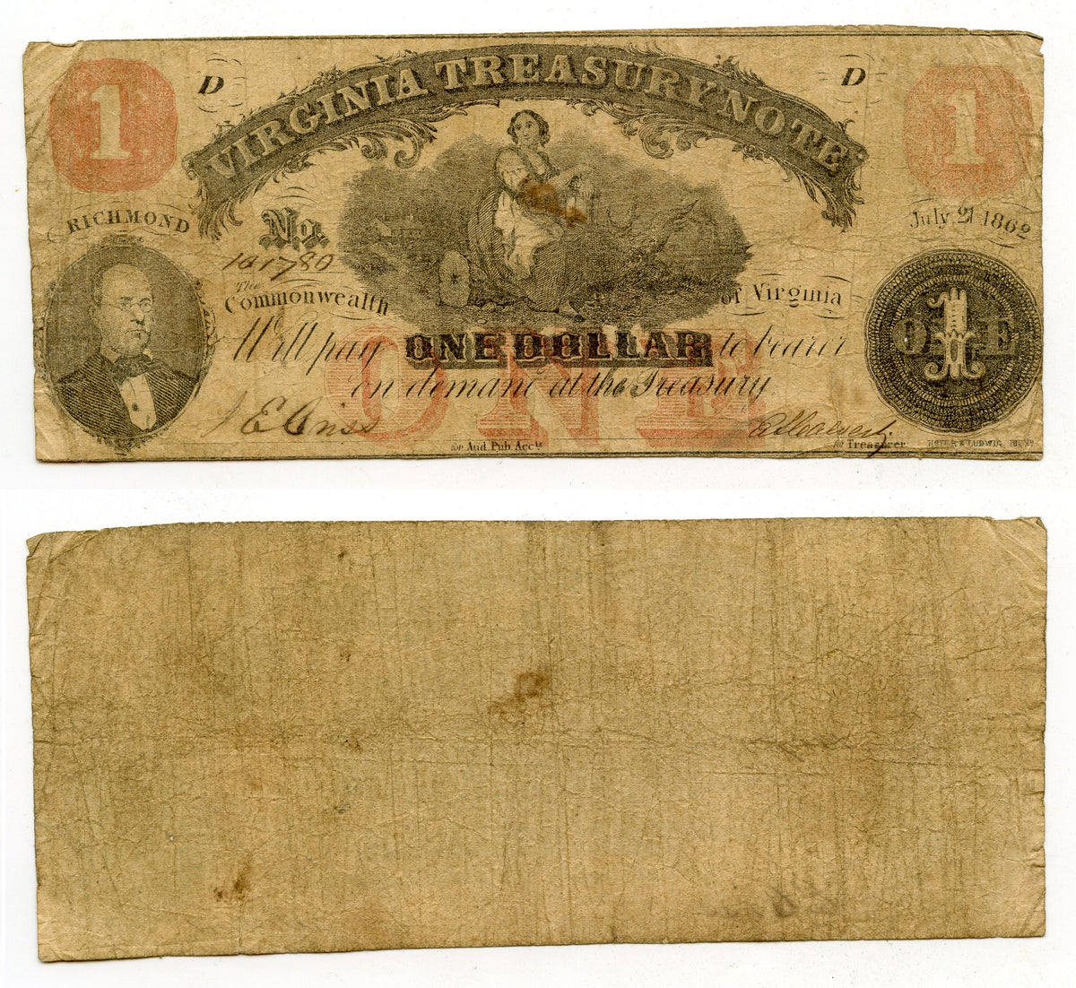 Obsolete banknote - 1-dollar, Virginia Treasury Note, 1862, Civil War ...