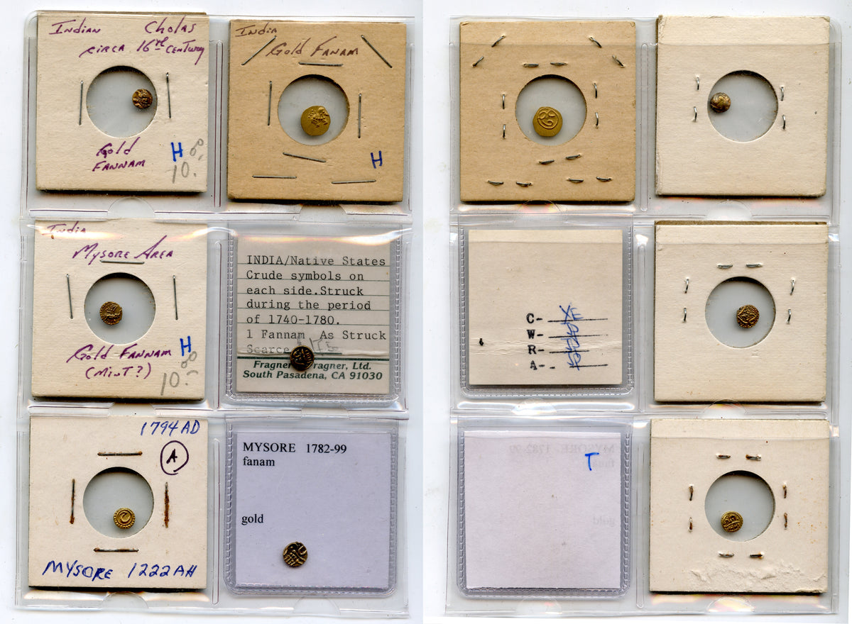 Lot of 6 various gold medieval Indian fanam imitations, fascinating lo ...
