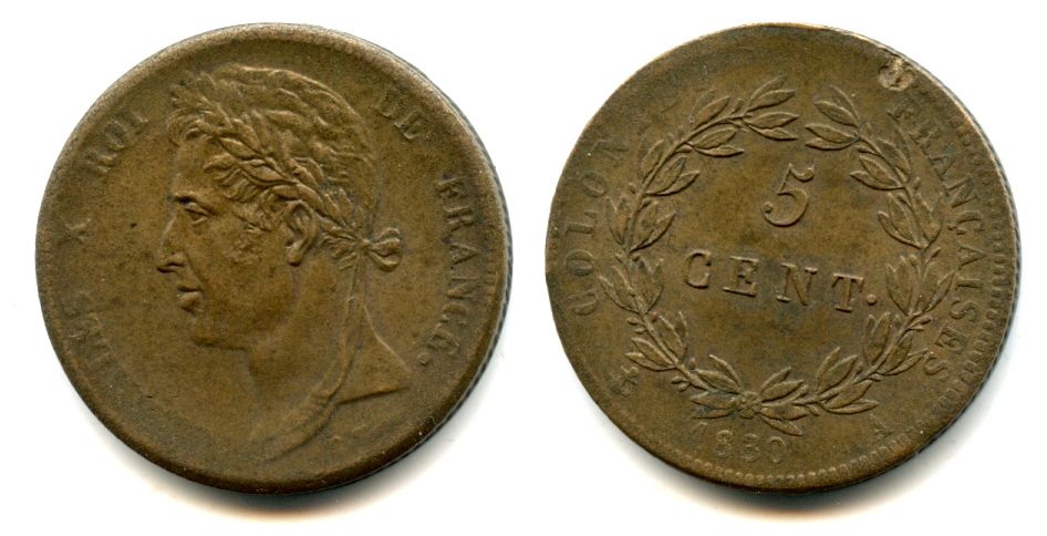 Scarce large colonial 5 cents, Charles X (1824-1830), Paris mint mint ...