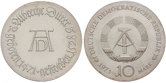 Rare uncirculated silver 10 mark coin, East Germany (DDR), 1968 - Albr ...