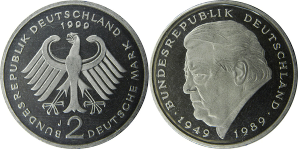 Proof copper-nickel 2 mark coin, Franz Joseph Strauss, 1990-A, Berlin ...