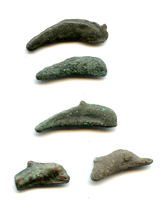 Lot of 5 ancient dolphin-shaped coins, Olbia, Sarmatia, 500-350 BC, Gr ...